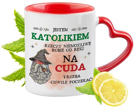 Dla Katolika Kubek Czerwony z Uszkiem w Kształcie Serca na Prezent