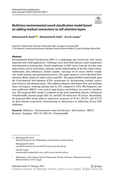 multiclass environmental sound classification model based on adding residual connections to self