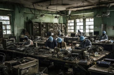 E Waste Recycling Plant With Teams Of Workers Sorting And Repairing