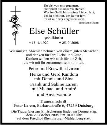 Traueranzeigen Von Else Sch Ller Trauer In Nrw De