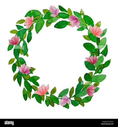 Hojas Verdes De Primavera Acuarela Corona Con Flores De Color Rosa