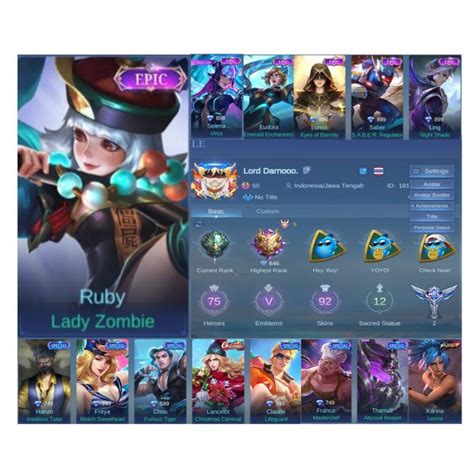 92 Skins Mobile Legend Account 136 75 HEROES 92 SKINS 5 MAXED