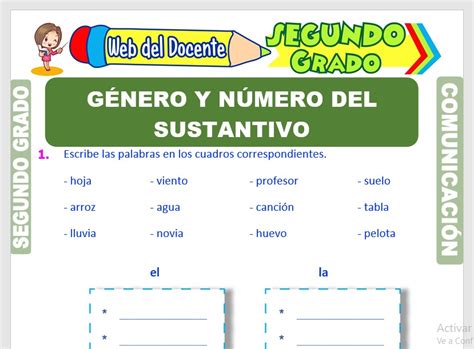 Número y Género del Sustantivo para Segundo Grado de Primaria