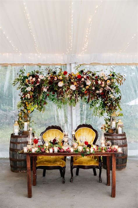 Rustic Burgundy And Orange Fall Wedding Recetion Sweetheart Table Decor