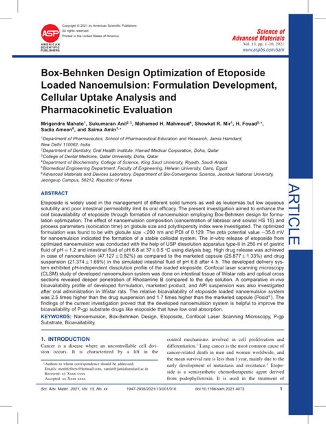 pdf science of advanced materials box behnken design optimization of etoposide loaded
