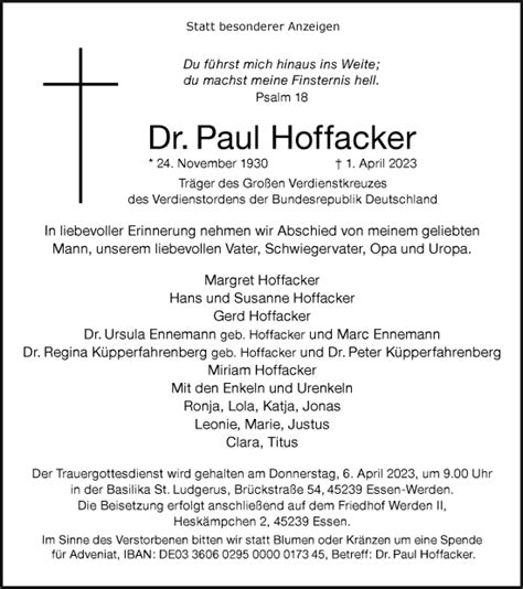Traueranzeigen Von Paul Hoffacker Trauer In NRW De