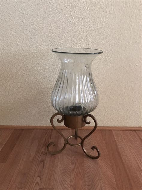 HURRICANE BLOWN GLASS VASE WROUGHT IRON STAND 21 CANDLE HOLDER