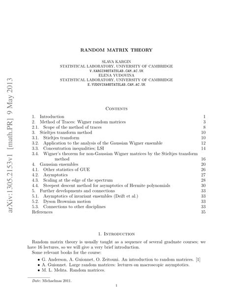 pdf lecture notes on random matrix theory