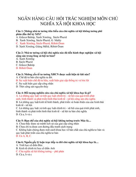 NGÂN HÀNG CÂU HỎI TRẮC NGHIỆM MÔN CHỦ NGHĨA XÃ HỘI KHOA HỌC NGÂN HÀNG