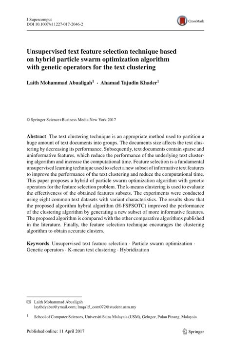 pdf unsupervised text feature selection technique based on hybrid particle swarm optimization