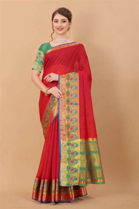 Buy Fospy Women Red Cotton Silk Woven Banarasi Saree Online At Best