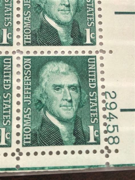 Vintage Thomas Jefferson 1 Cent U S Postal Stamp Block Of 4 1968