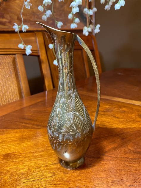 Vintage Brass Etched Pitcher Made In India Etsy