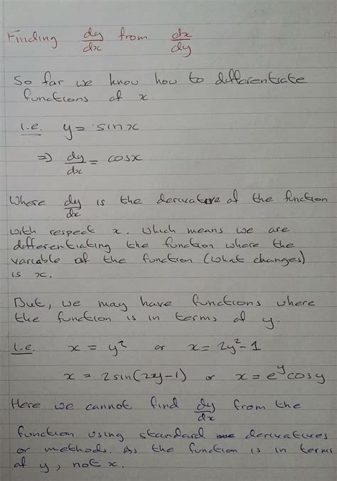 a level maths notes a2 differentiation reciprocal of the derivative part 1
