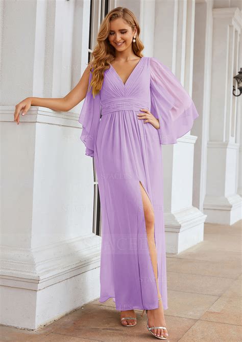 Sheath Column V Neck Long Floor Length Chiffon Bridesmaid Dress With