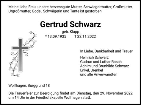 Traueranzeigen Von Gertrud Schwarz Trauer HNA De