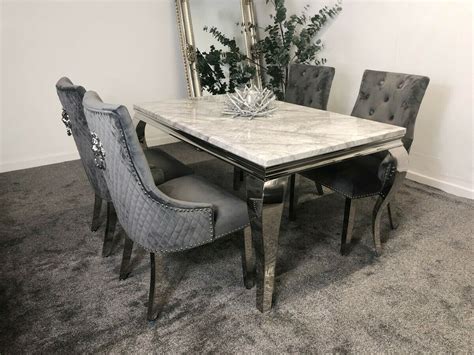 Louis White Marble 180CM Dining Table Grey Lion Knocker Velvet Dining