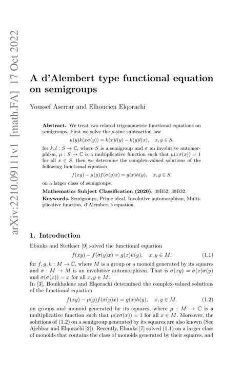 pdf a d alembert type functional equation on semigroups