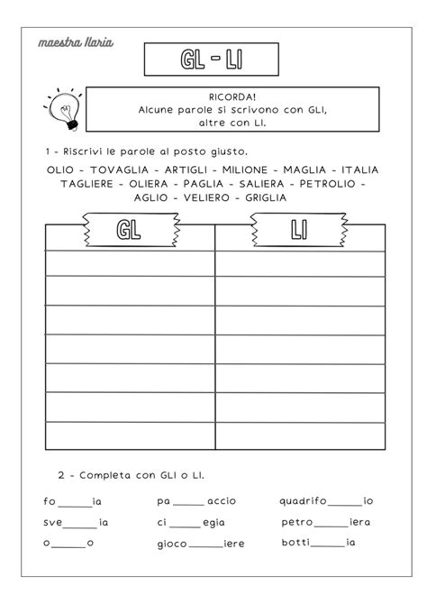 Gn Ni Gl Li Ripasso Ortografico Maestra Ilaria
