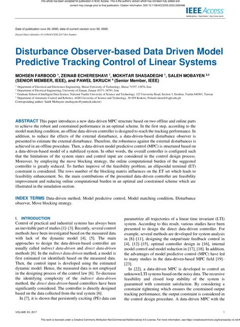 pdf disturbance observer based data driven model predictive tracking control of linear systems