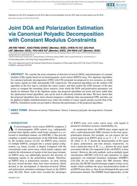 pdf joint doa and polarization estimation via canonical polyadic decomposition with constant