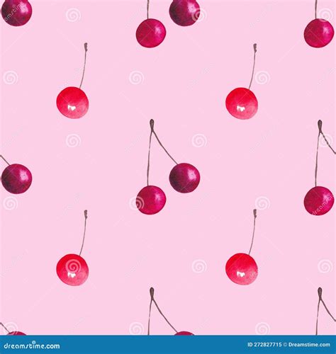 Watercolor Seamless Pattern With Crimson And Red Cherries On A Pink
