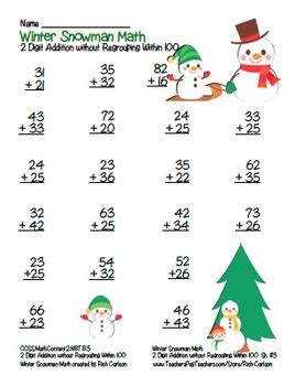 Snowman Math 2 Digit Addition Without Regrouping Common Core Color