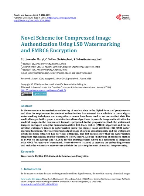 pdf novel scheme for compressed image authentication using lsb watermarking and emrc6 encryption