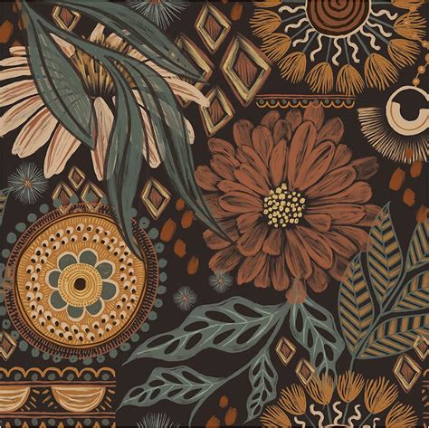 HAOKHOME 93291 Papel de parede floral boho marrom pêssego puff verde
