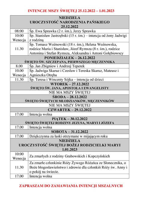 Intencje Mszy Świętej Uroczystość Narodzenia Pańskiego 25 12 2022
