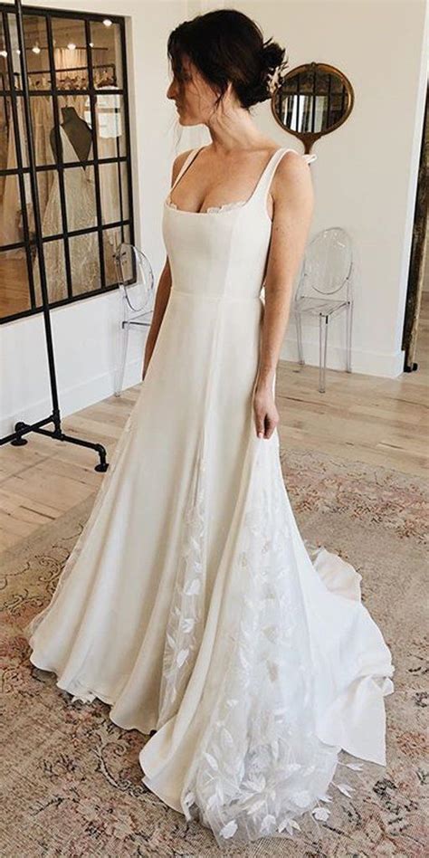Charming A Line Square Neckline Lace Backless Wedding Dresses In 2020