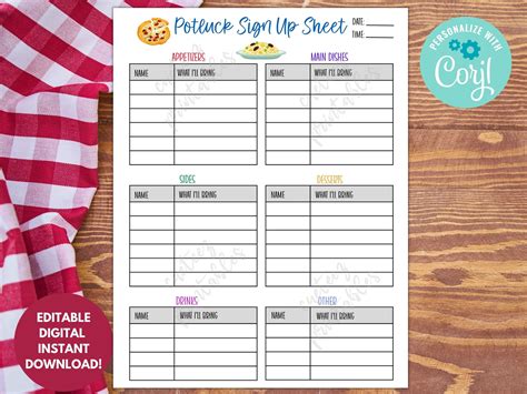 Editable Potluck Sign Up Sheet Printable For Potluck Party Etsy