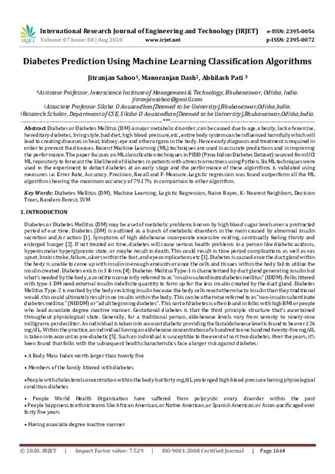 pdf irjet diabetes prediction using machine learning classification