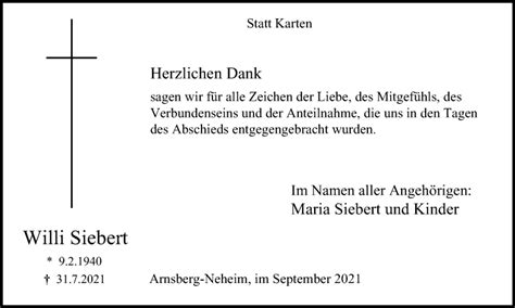 Traueranzeigen Von Willi Siebert Trauer In NRW De