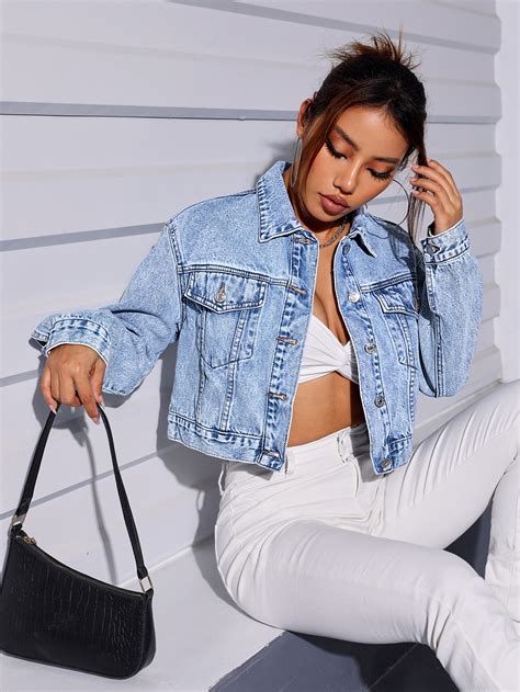 Shein Ezwear Cazadora Mezclilla Crop Con Bolsillo Con Solapa Moda De