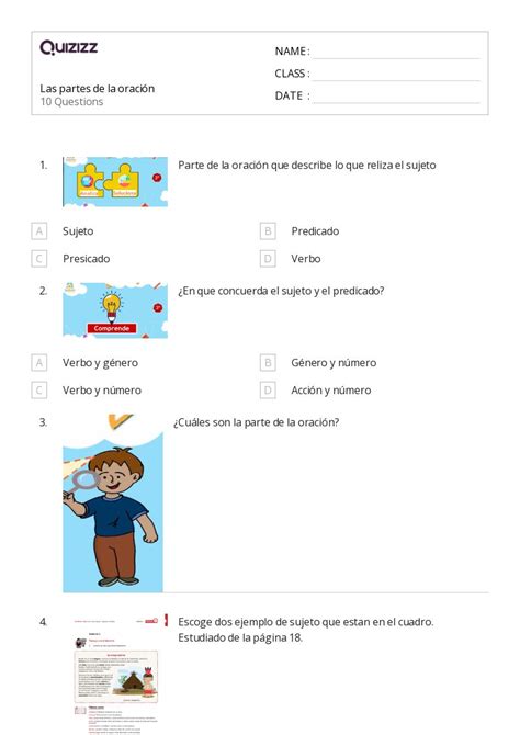 50 Partes de la oración hojas de trabajo para Grado 3 en Quizizz