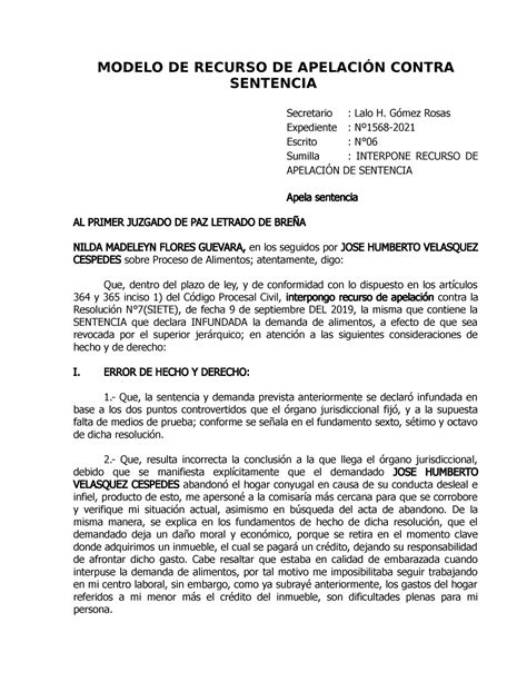 Escrito de Apelación sobre tema de Alimentos Perú MODELO DE RECURSO