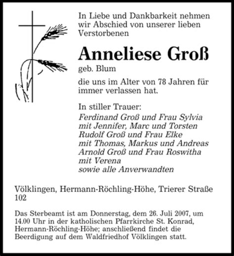 Traueranzeigen von Anneliese Groß Saarbruecker Zeitung Trauer de