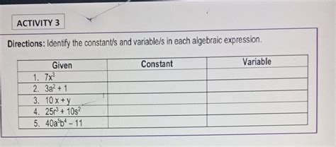 identify the constant s and variable s in each algebraic expressions brainly ph