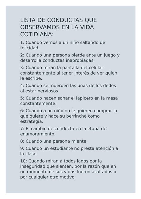 Lista DE Conductas QUE Observamos EN LA VIDA Cotidiana LISTA DE