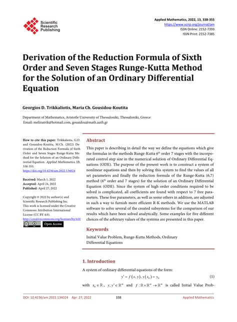 pdf derivation of the reduction formula of sixth order and seven stages runge kutta method for