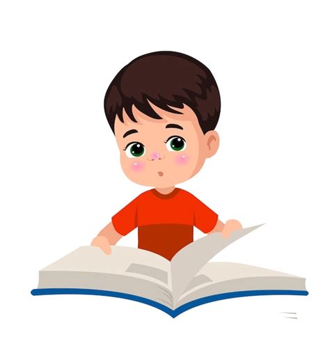 Lindo niño feliz leyendo un libro Vector Premium