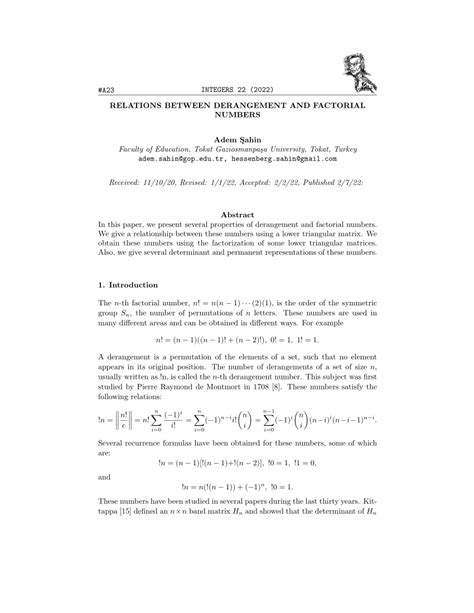 pdf relations between derangement and factorial numbers