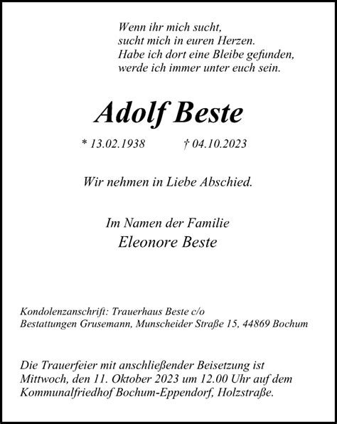 Traueranzeigen Von Adolf Beste Trauer In NRW De