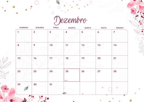 Calendário Mensal 2024 Floral Dezembro Fazendo a Nossa Festa