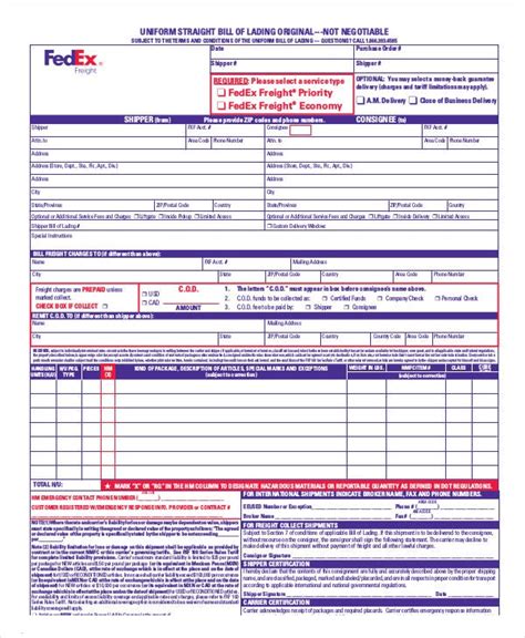 Uniform Straight Bill Of Lading Original Printable Fedex Ground Form