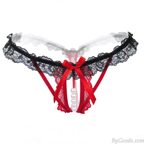 Sexy Pearl Massage Lace Bowknot Crotchless G String Thong Panties T
