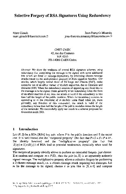 pdf selective forgery of rsa signatures using redundancy jeanfrancois misarsky