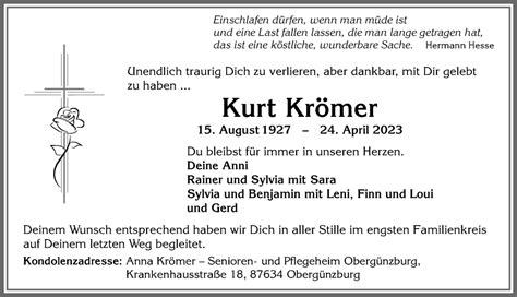 Traueranzeigen von Kurt Krömer Allgäuer Zeitung