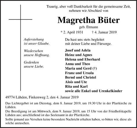 Traueranzeigen von Magretha Büter noz Trauerportal